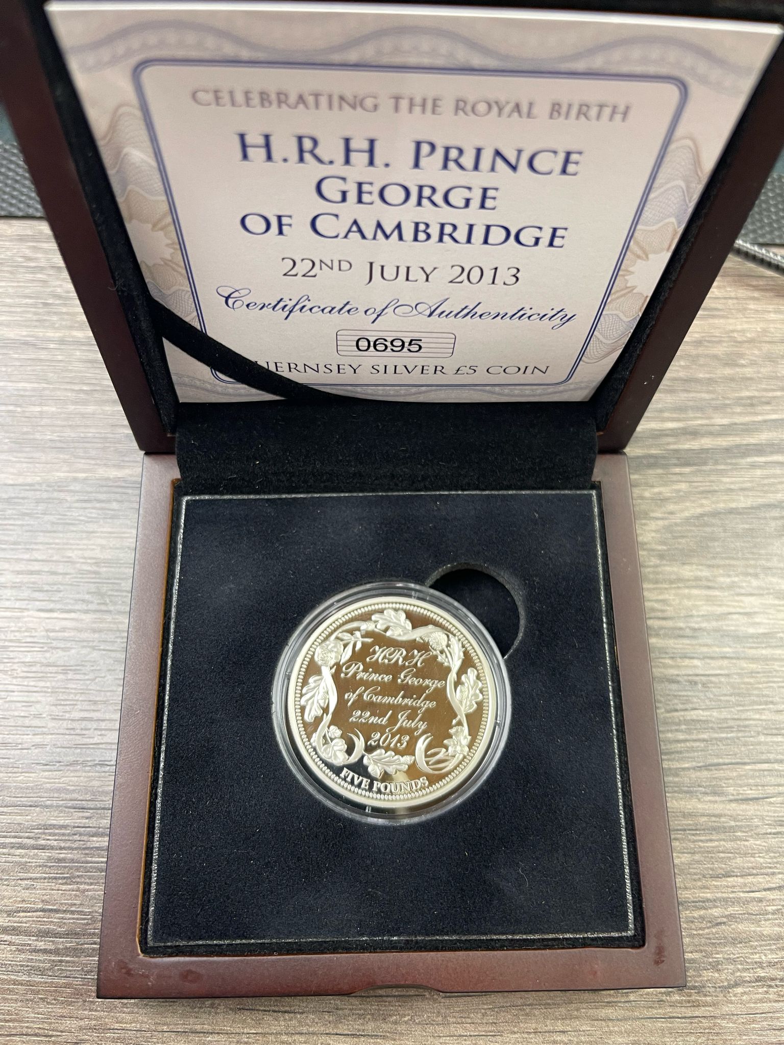 2013 Guernsey HRH Prince George birth Silver Proof £5 coin - UkCoinHunt